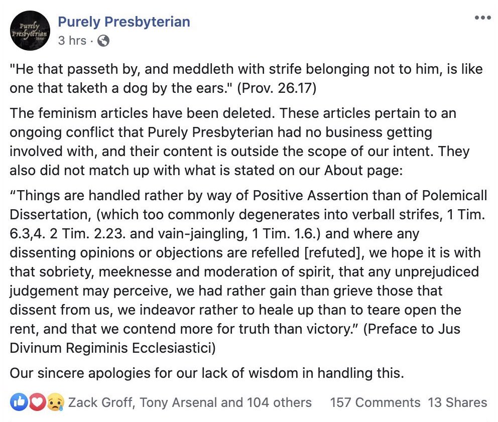 Purely Presbyterian Posts Retraction – Jules Diner